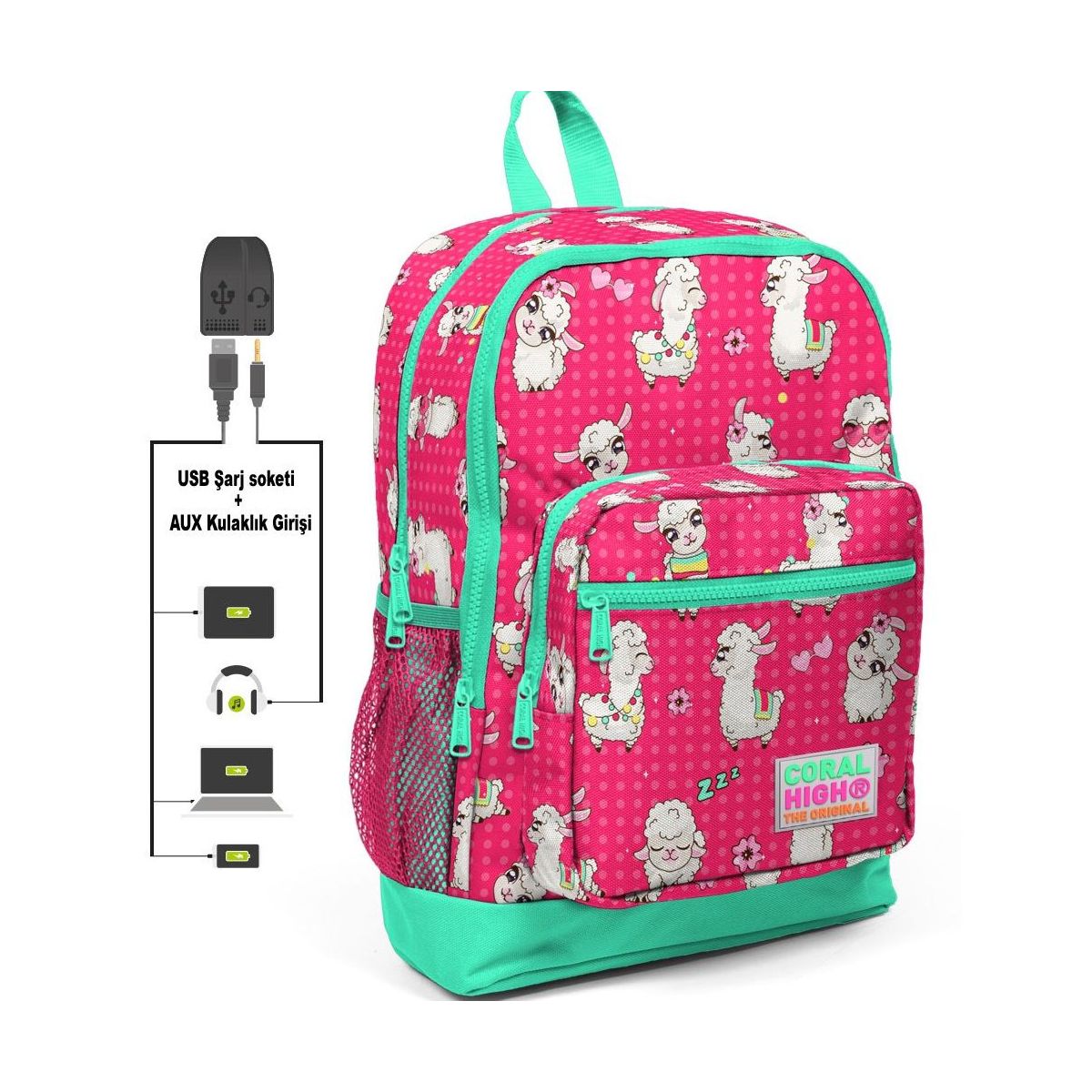 Coral High Kids Dört Gözlü Kız Çocuk İlkokul - Lama Desenli Usb+aux ...