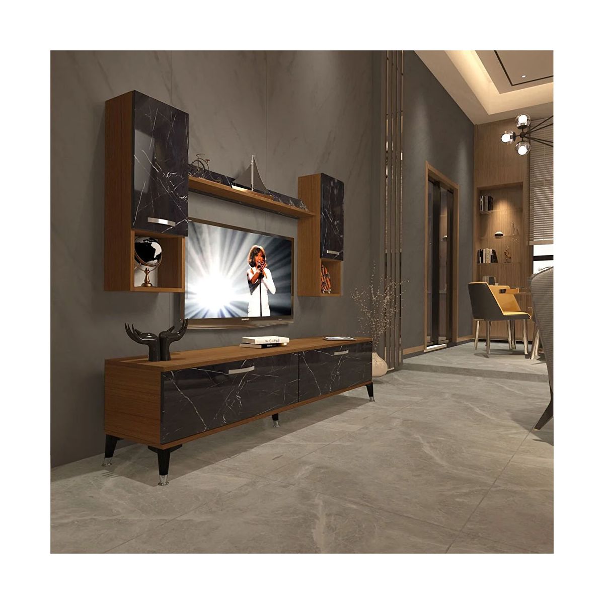 Decoraktiv EKO 5DA Mdf Std Ceviz Siyah Mermer Silver Tv Ünitesi Fiyatları