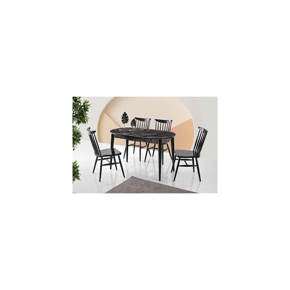 Sweet Home Skala Oval Mdf Açılır Siyah Mermer Masa + 4 Adet Diva Ahşap ...