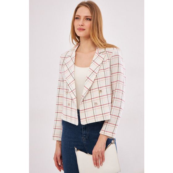 Armonika ARM-24K001014 Kadın Bordo-Beyaz Kruvaze Yaka Tüvit Crop Ceket ...