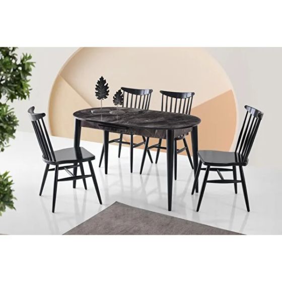 Sweet Home Skala Oval Mdf Açılır Siyah Mermer Masa + 4 Adet Diva Ahşap ...